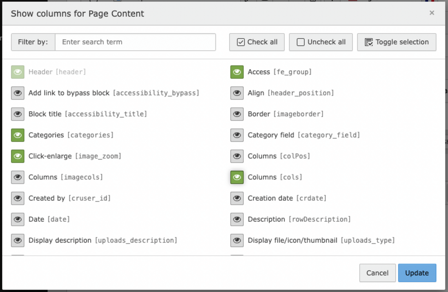 Manage displayed columns in List and File List View in TYPO3 v11